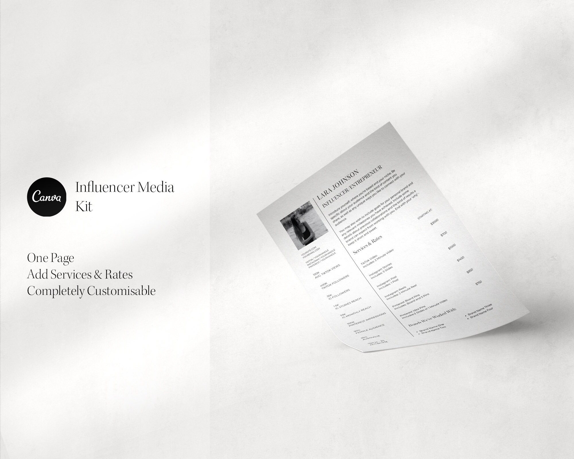 Influencer Media Kit & Rate Card Template | Minimalist One Page Press ...