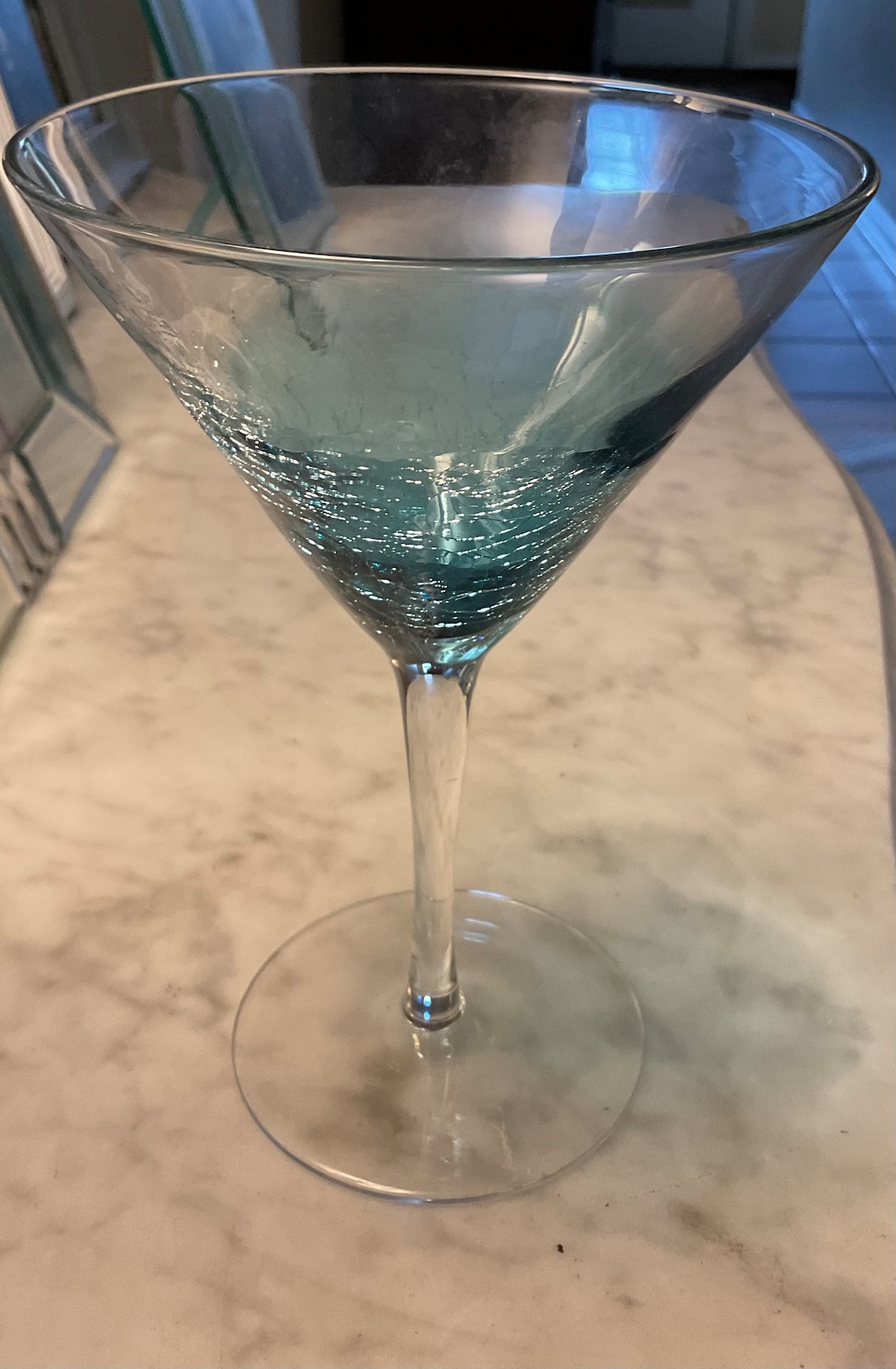 4 Pier 1 Teal Blue Crackle Martini Glasses Handblown Glass 7 1/4 Inches ...