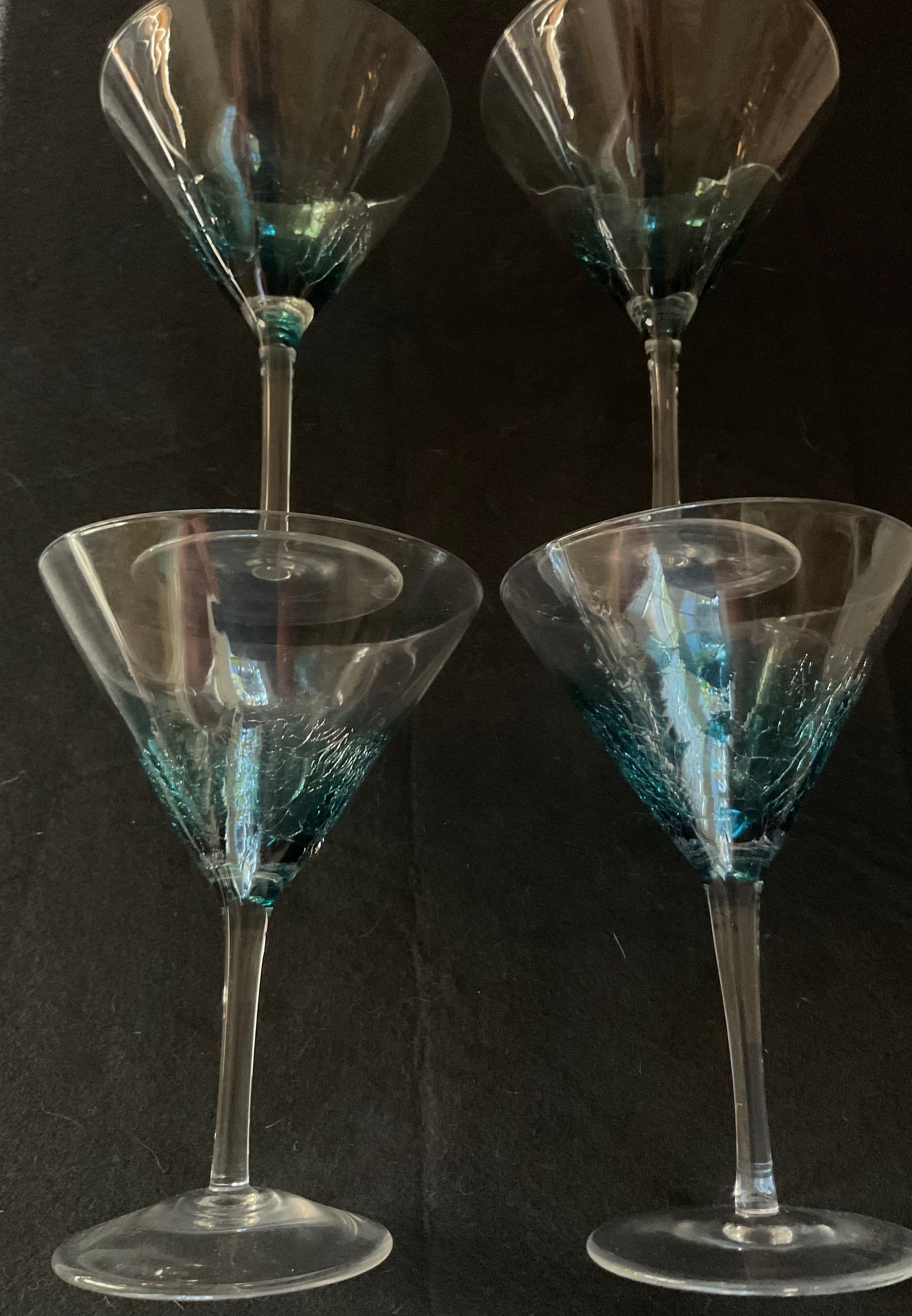 4 Pier 1 Teal Blue Crackle Martini Glasses Handblown Glass 7 1/4 Inches ...