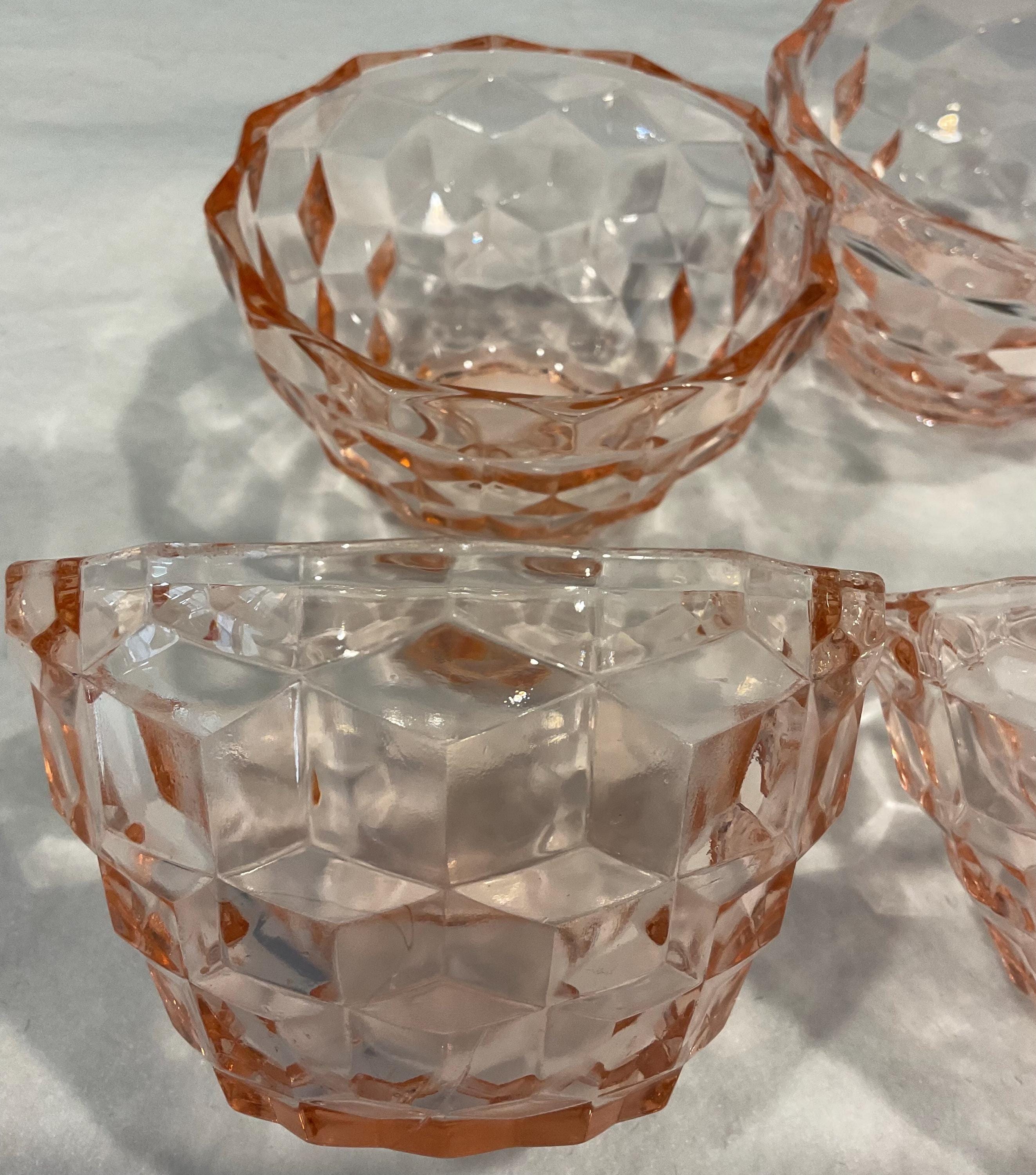 6 Jeanette PINK Depression Glass Cube Pattern Dessert Bowls 4 1/4 ...