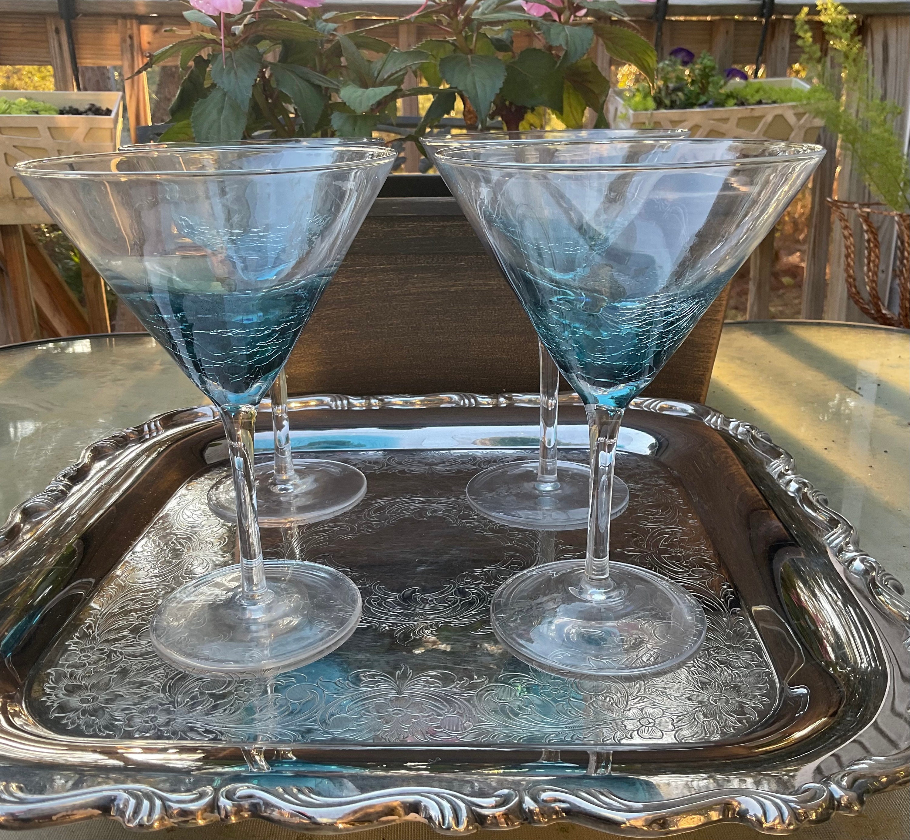 4 Pier 1 Teal Blue Crackle Martini Glasses Handblown Glass 7 1/4 Inches ...