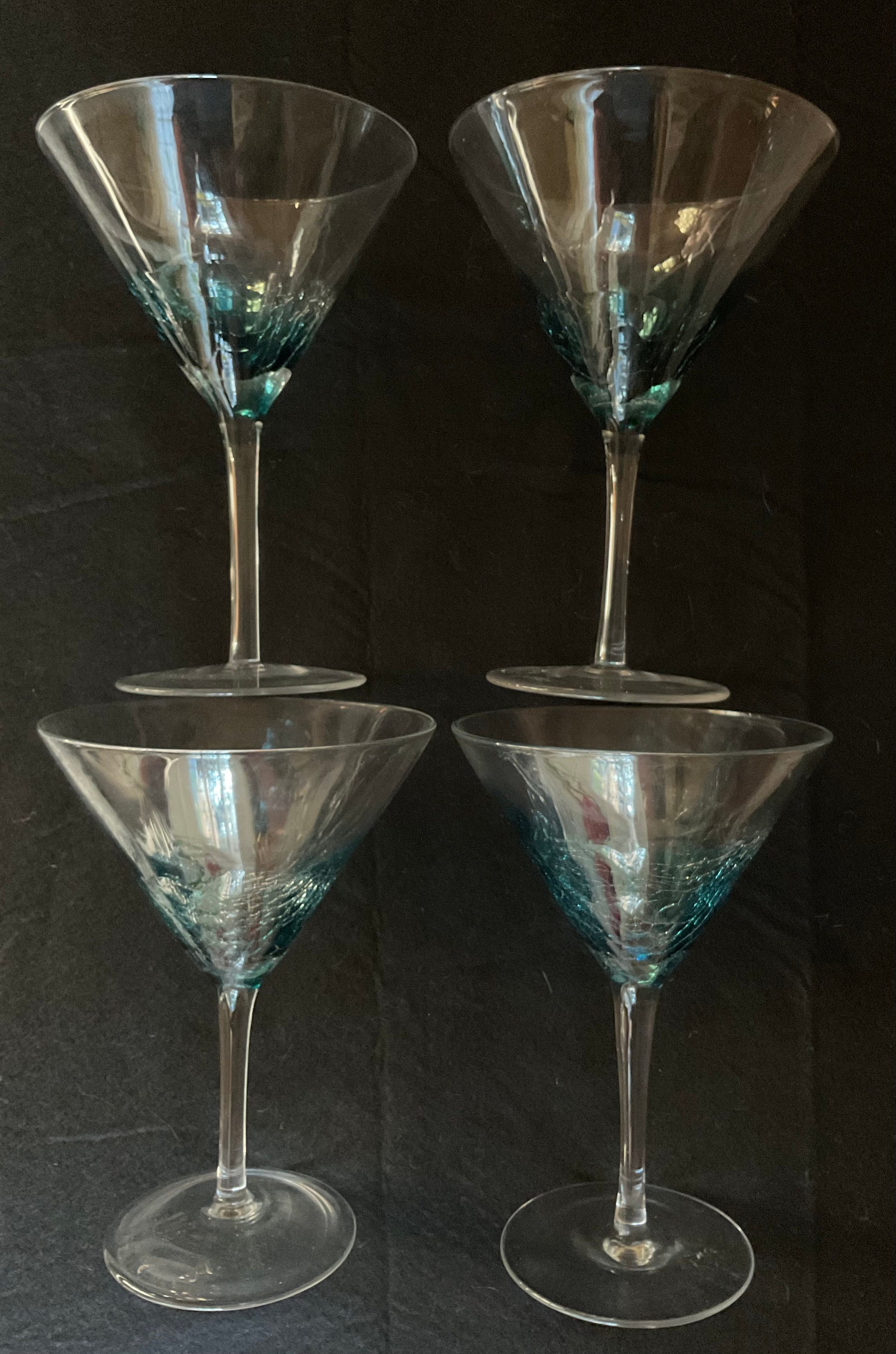 4 Pier 1 Teal Blue Crackle Martini Glasses Handblown Glass 7 1/4 Inches ...