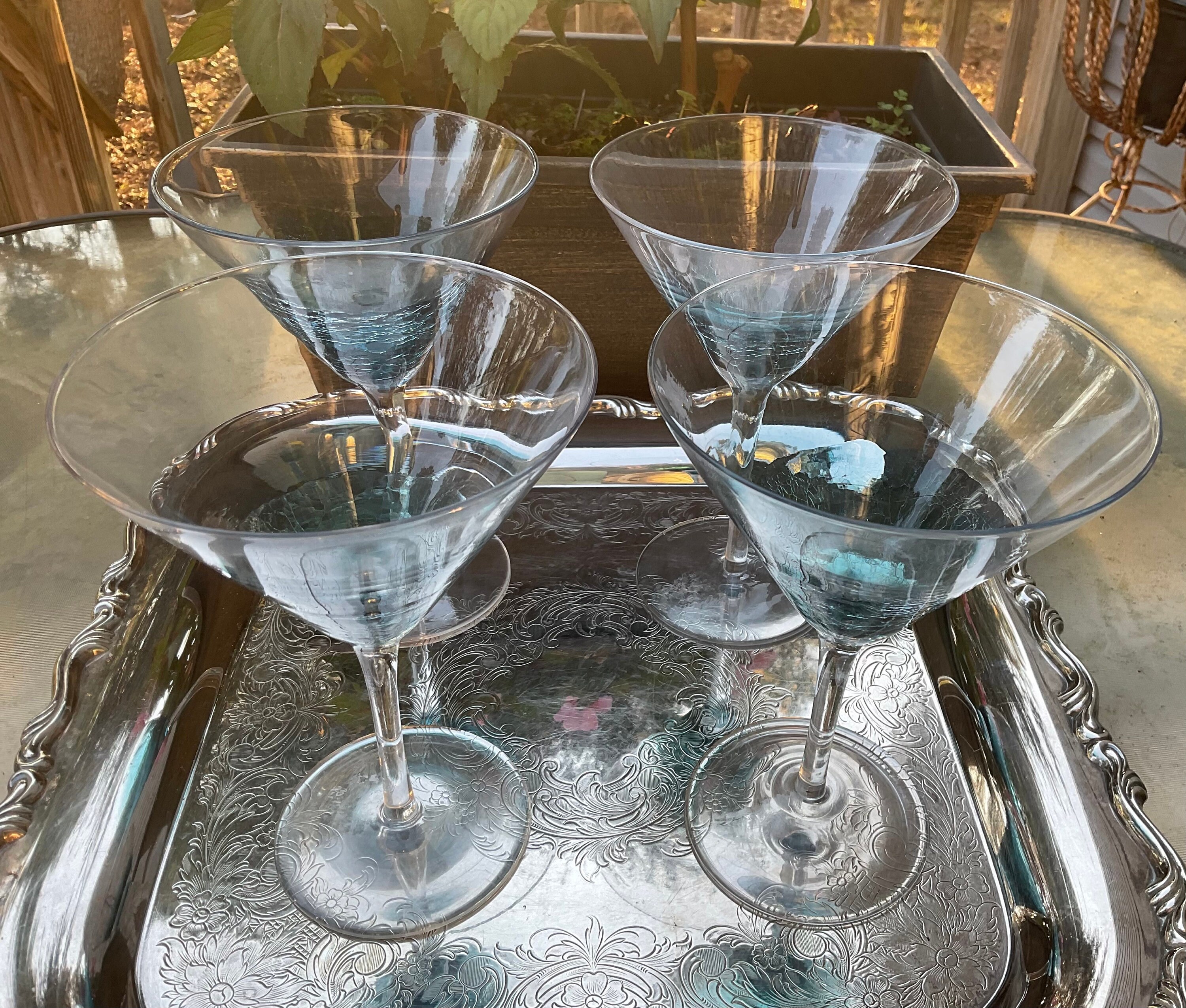 4 Pier 1 Teal Blue Crackle Martini Glasses Handblown Glass 7 1/4 Inches ...