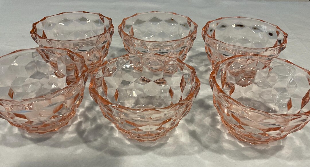 6 Jeanette PINK Depression Glass Cube Pattern Dessert Bowls 4 1/4 ...