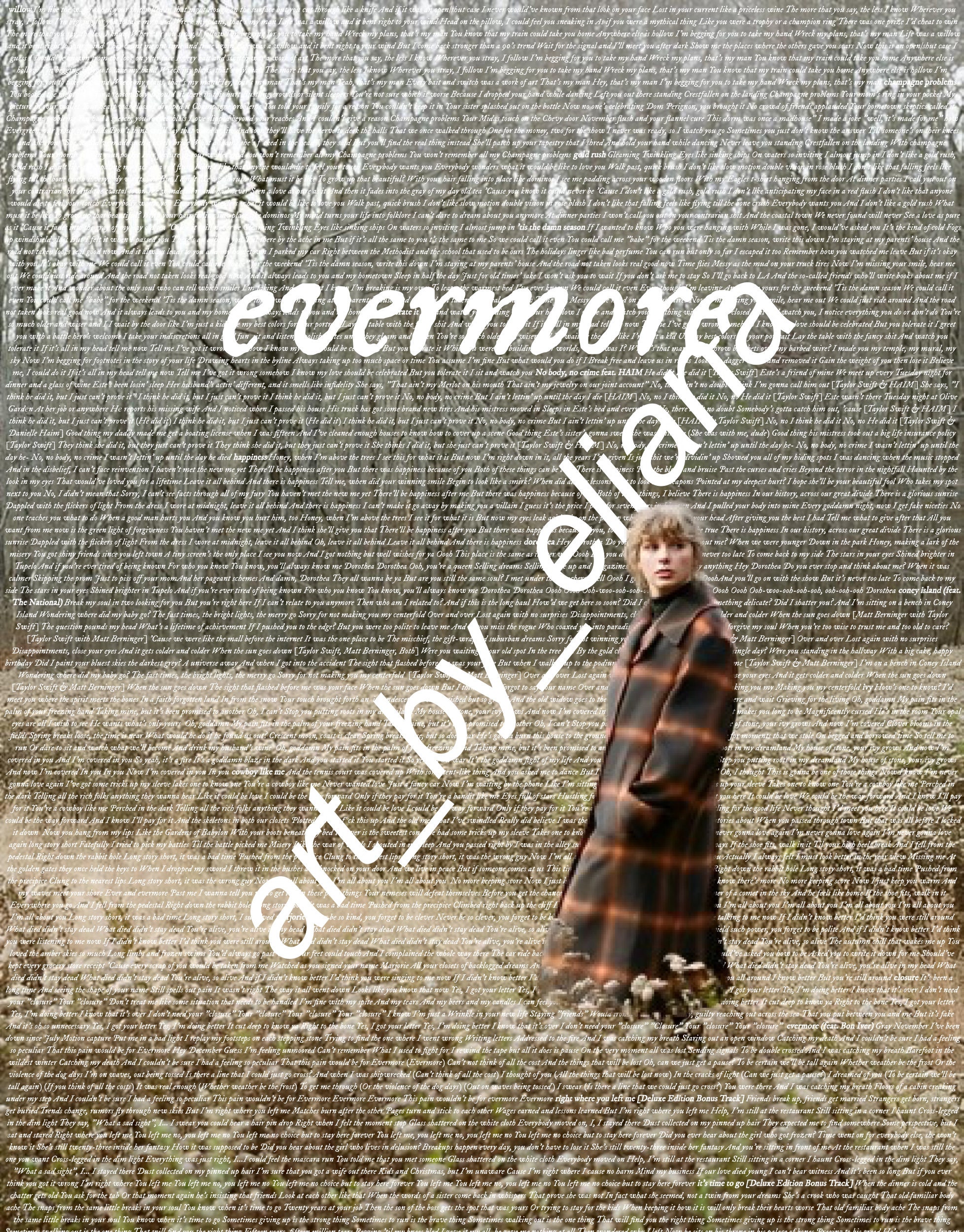 Taylor Swift Evermore Lyrics Poster: Beautiful Wall Art Print Featuring ...