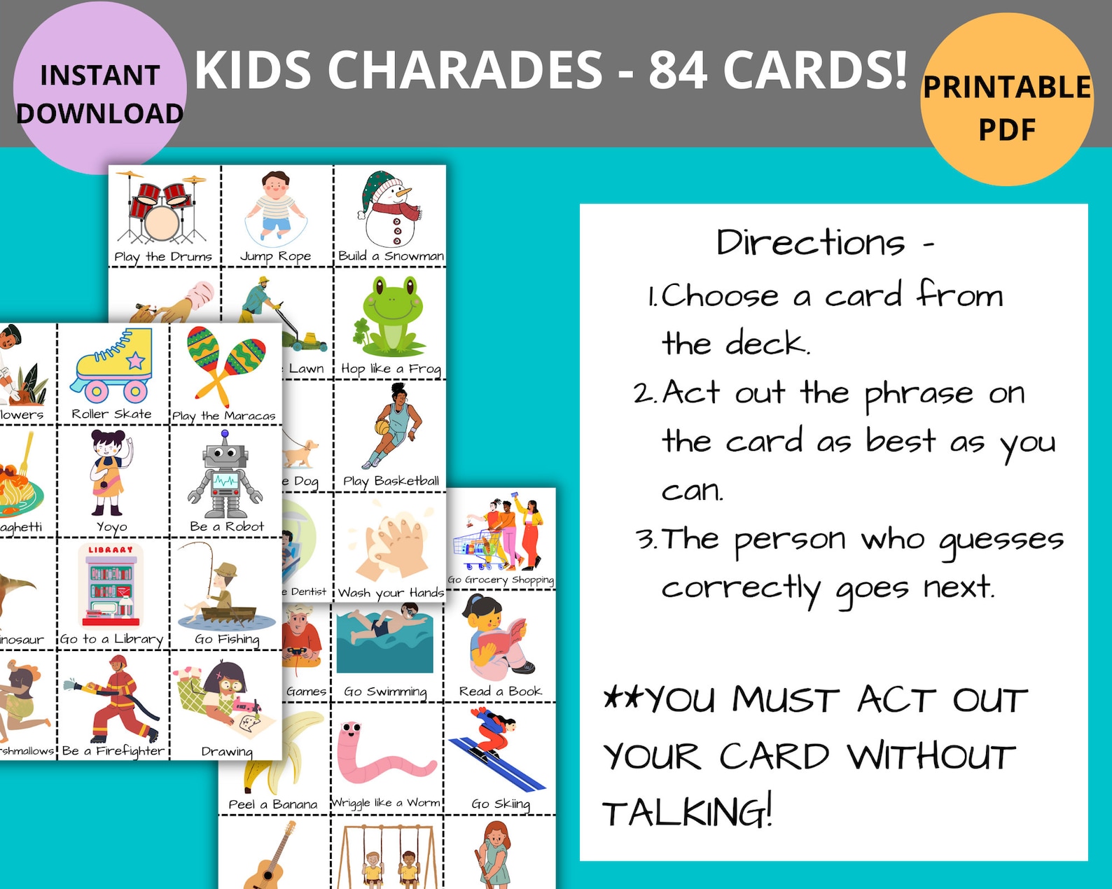 Birthday Party Game | Charades Game for Kids | Dramatic Play Printable ...