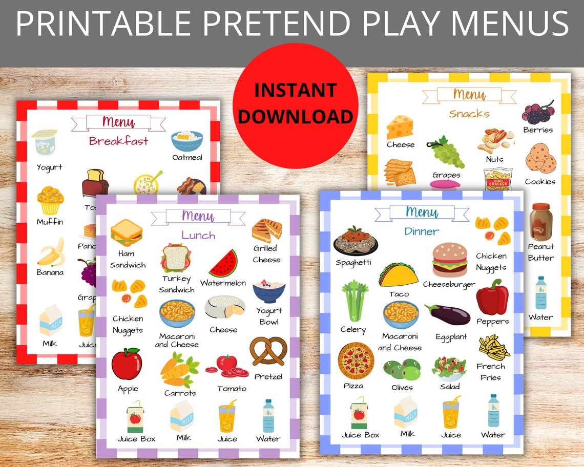 Pretend Play Menus Printable | Kids Breakfast, Lunch, Dinner, and ...