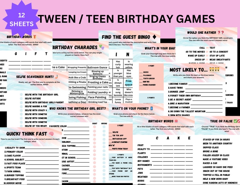 Printable Tween Teen Girl Birthday Party Game Birthday Activity Party ...