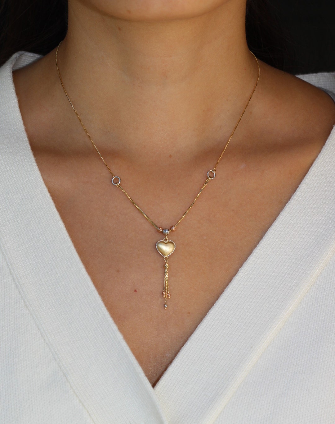 14k Solid Gold Tri-color Puff Heart Pendant Necklace - Etsy