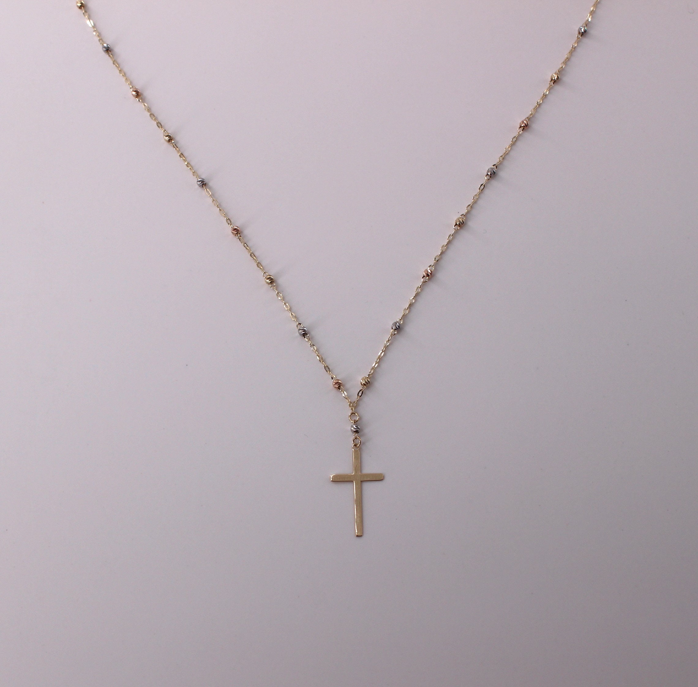 14k Tri Color Solid Gold Rosary Inspired Necklace - Etsy
