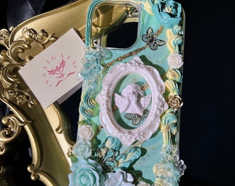 Matcha Green Roses and Angel Baroque Style Angel Decoden Phone Case ...