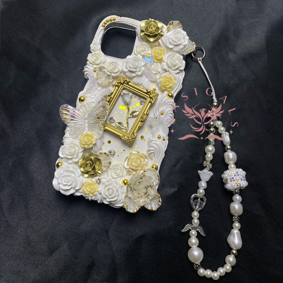 White and Gold Rose Baroque Style Decoden Phone Case With Matching ...