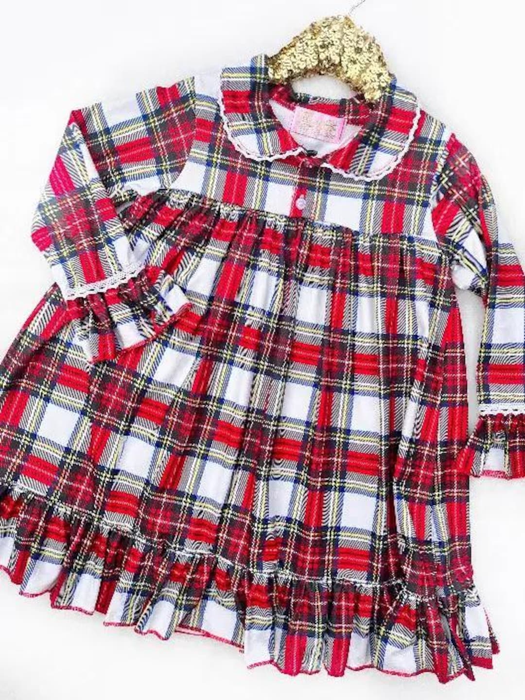 Girls Christmas Vintage Holiday Long Sleeve Night Gown - White Tartan ...