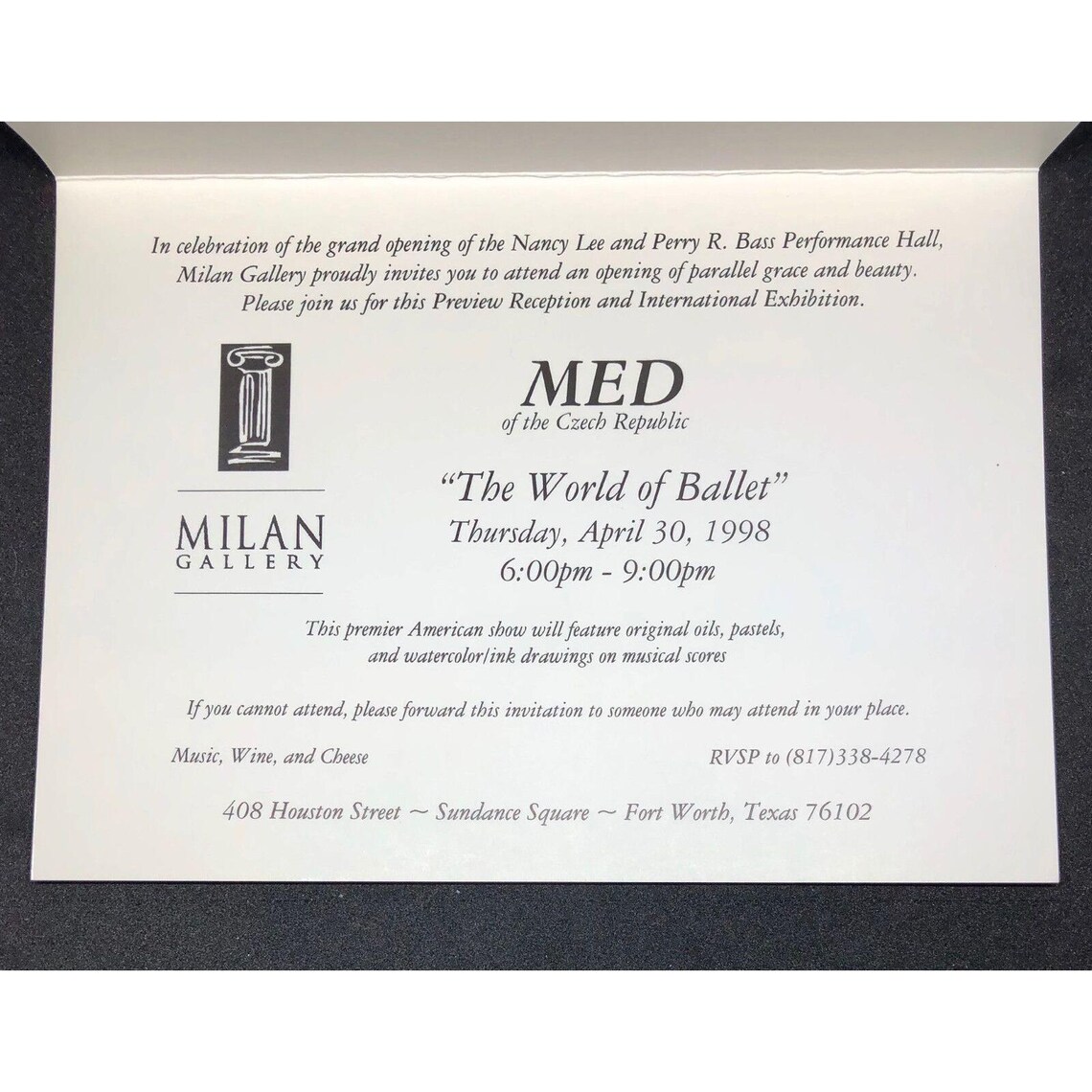 1998 INVITATION to "world of Ballet" Art Opening Milan Gallery MILAN ...