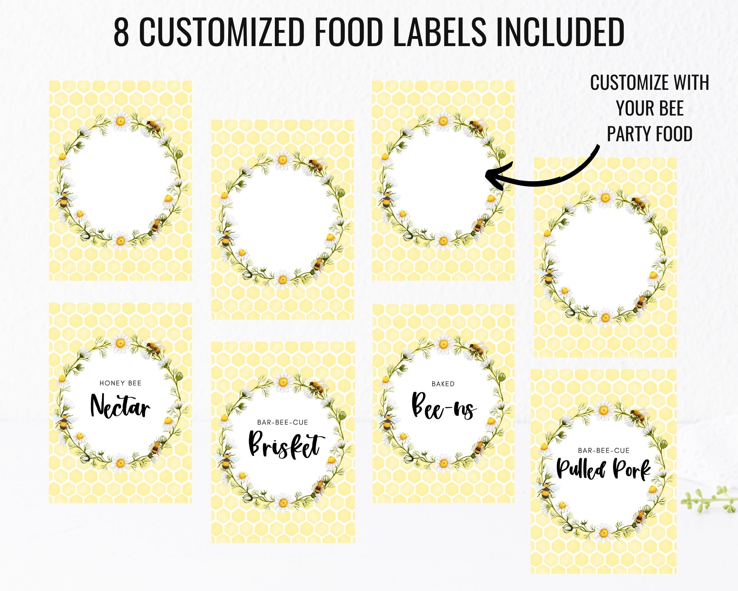 Bee Party Food Signs, Bee Birthday Party, Food Labels, Buffet Table ...