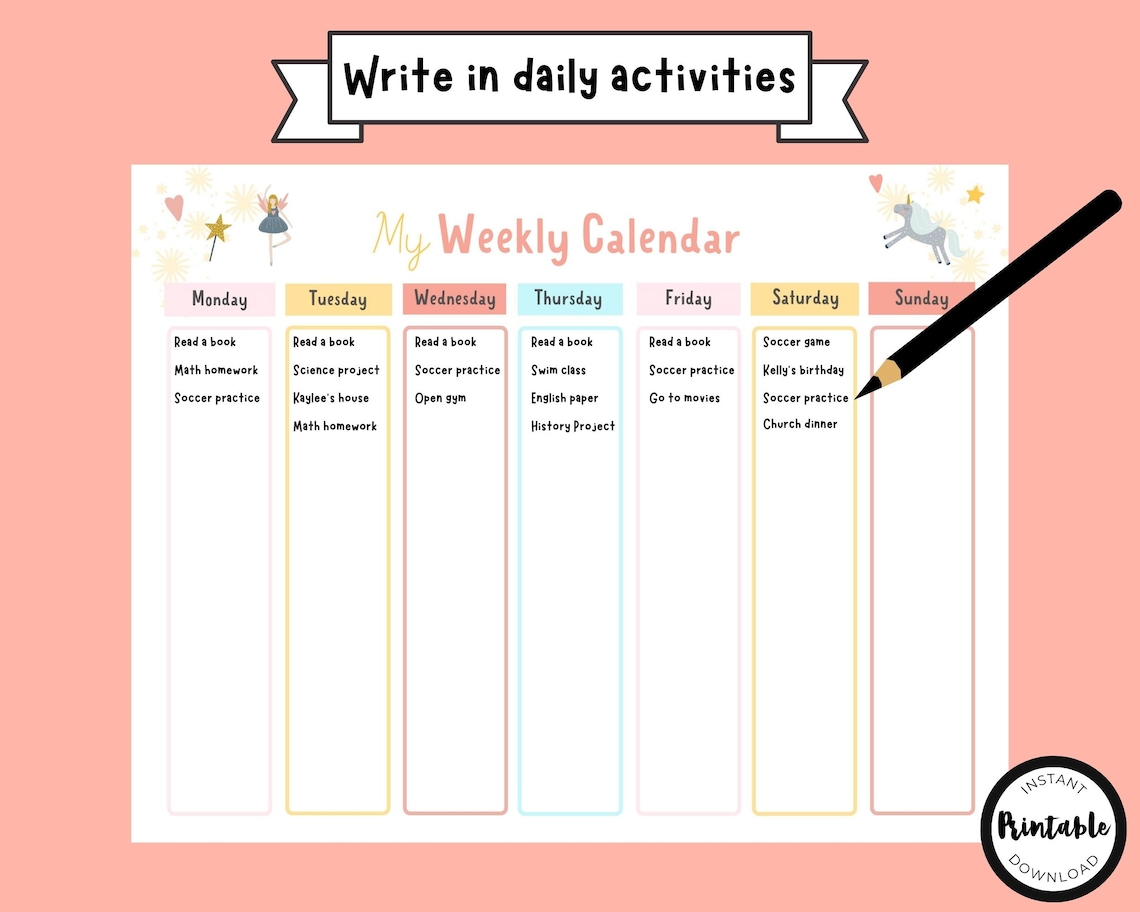Weekly Calendar Kids Printable, Weekly Planner to Do List, Week at a ...