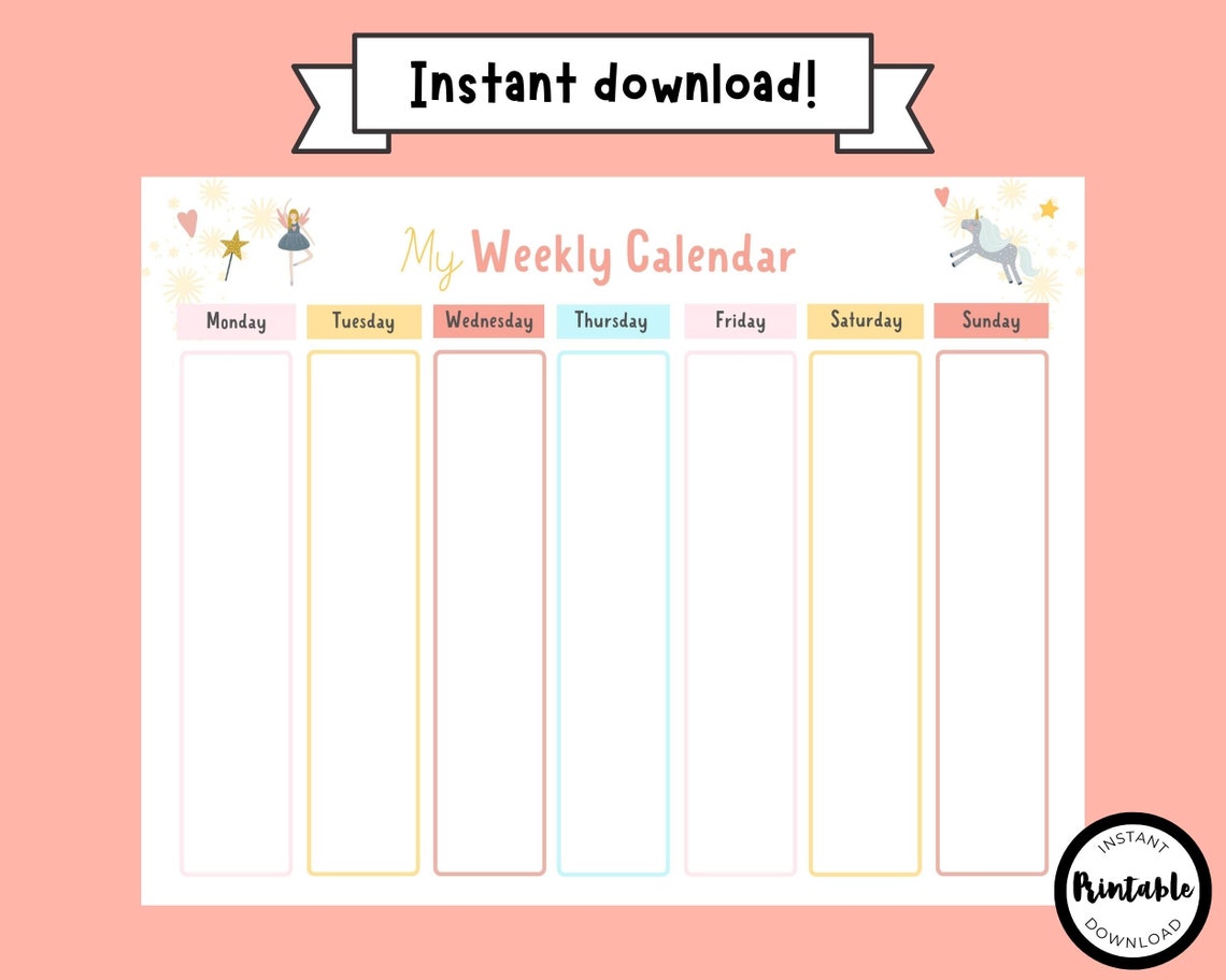 Weekly Calendar Kids Printable, Weekly Planner to Do List, Week at a ...