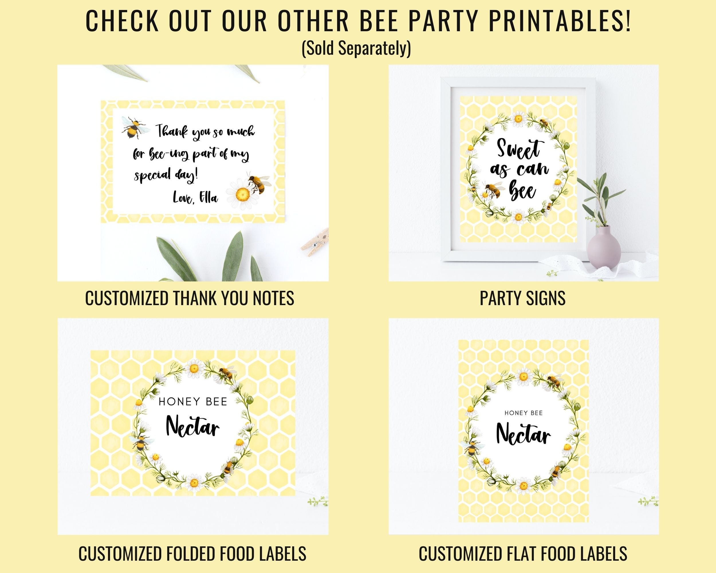 Bee Party Food Labels Printable, Folded Food Tag, First Birthday Party ...