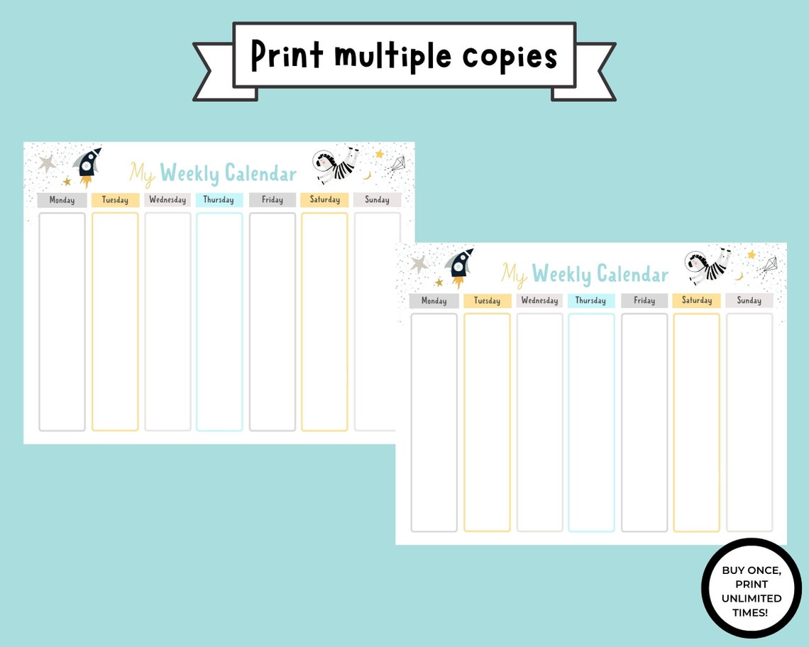 Weekly Calendar Printable for Kids, Weekly Planner, Week at a Glance ...