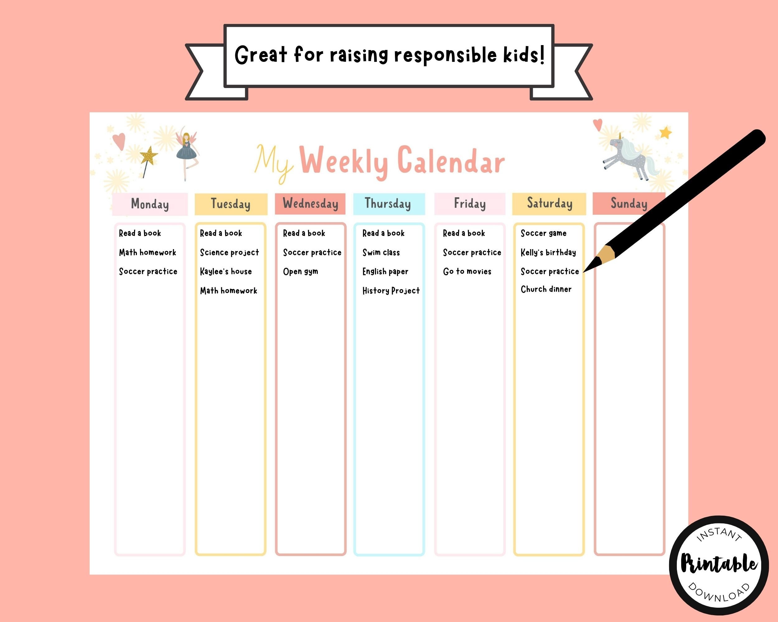 Weekly Calendar Kids Printable, Weekly Planner to Do List, Week at a ...