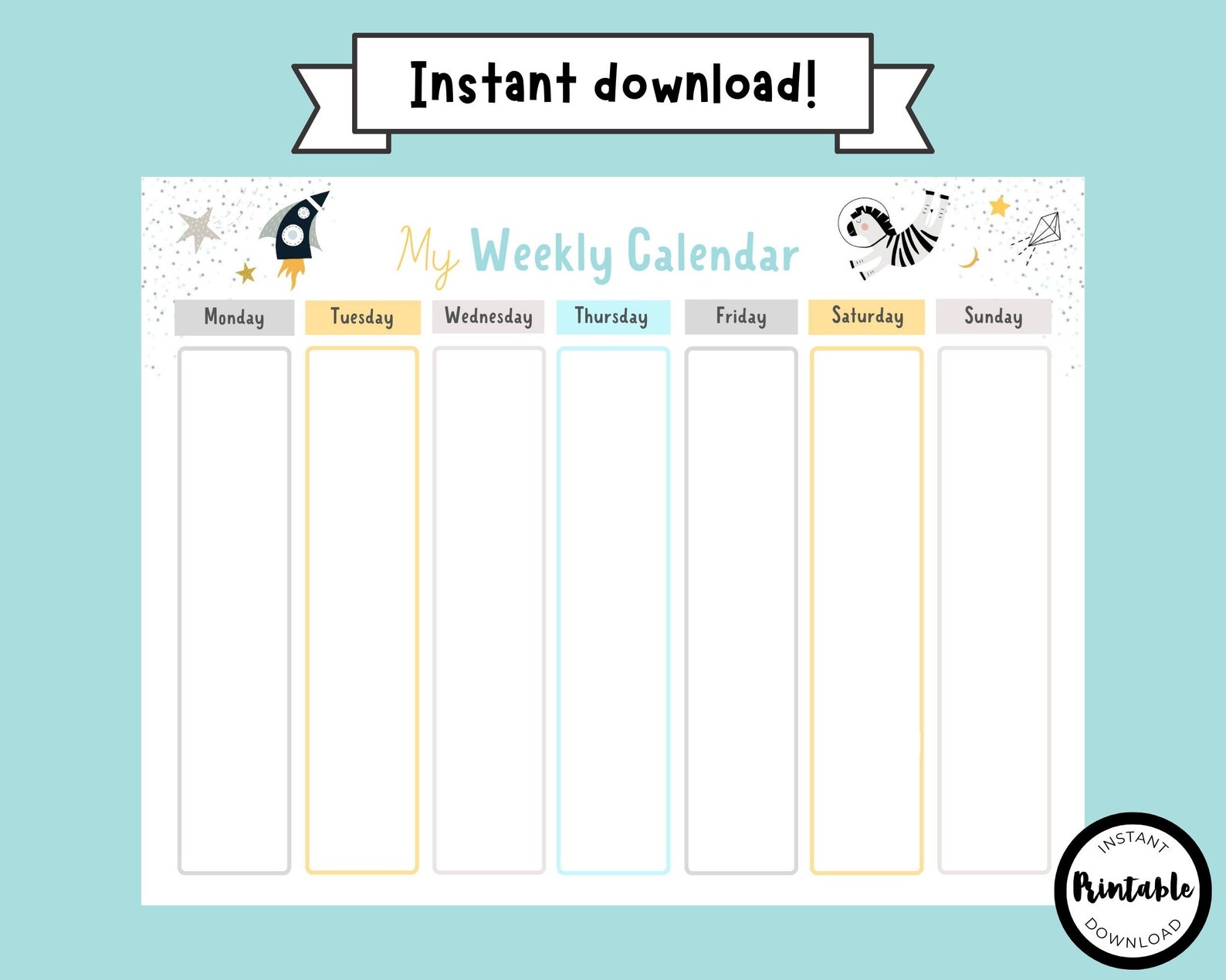 Weekly Calendar Printable for Kids, Weekly Planner, Week at a Glance ...
