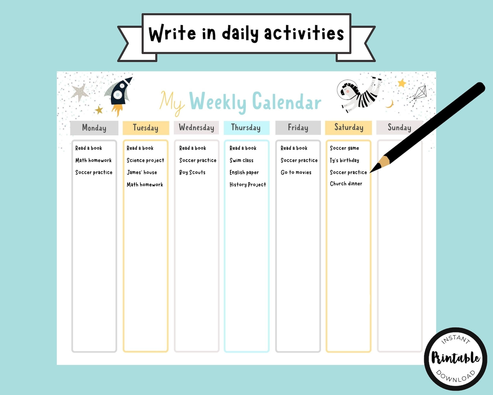 Weekly Calendar Printable for Kids, Weekly Planner, Week at a Glance ...