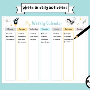 Weekly Calendar Printable for Kids, Weekly Planner, Week at a Glance ...
