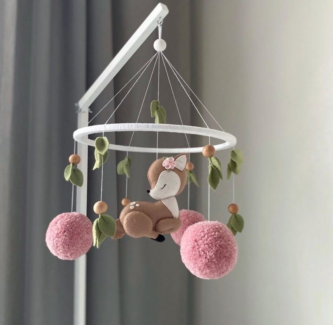 Deer Baby Mobile: Felt Woodland Animals, Pink Pom Poms - Etsy