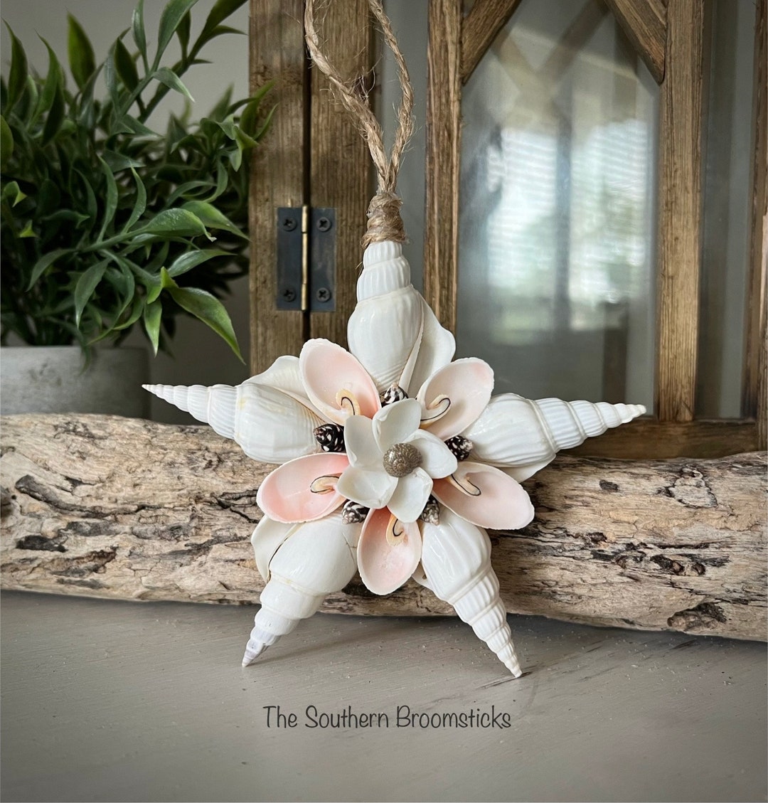 Coastal Seashell White Star Snowflake Ornament With Pink and White ...