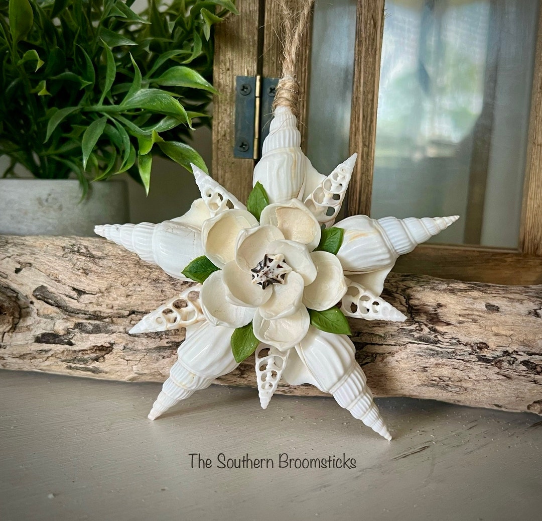 Coastal Seashell White Star Snowflake Ornament With White Flower - Etsy