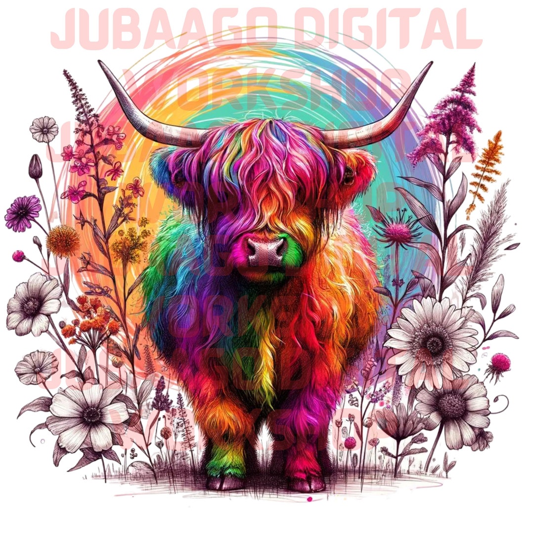Rainbow Highland Cow Illustration With Flowers - Hand Drawn Artwork ...