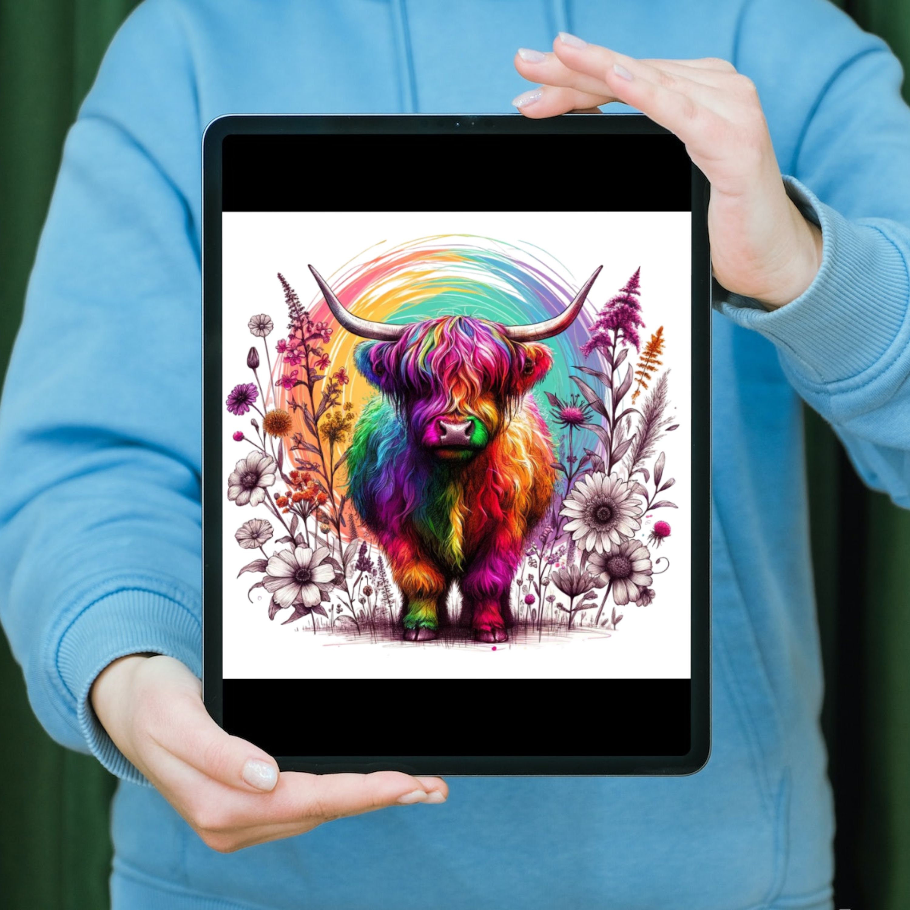 Rainbow Highland Cow Illustration With Flowers - Hand Drawn Artwork ...