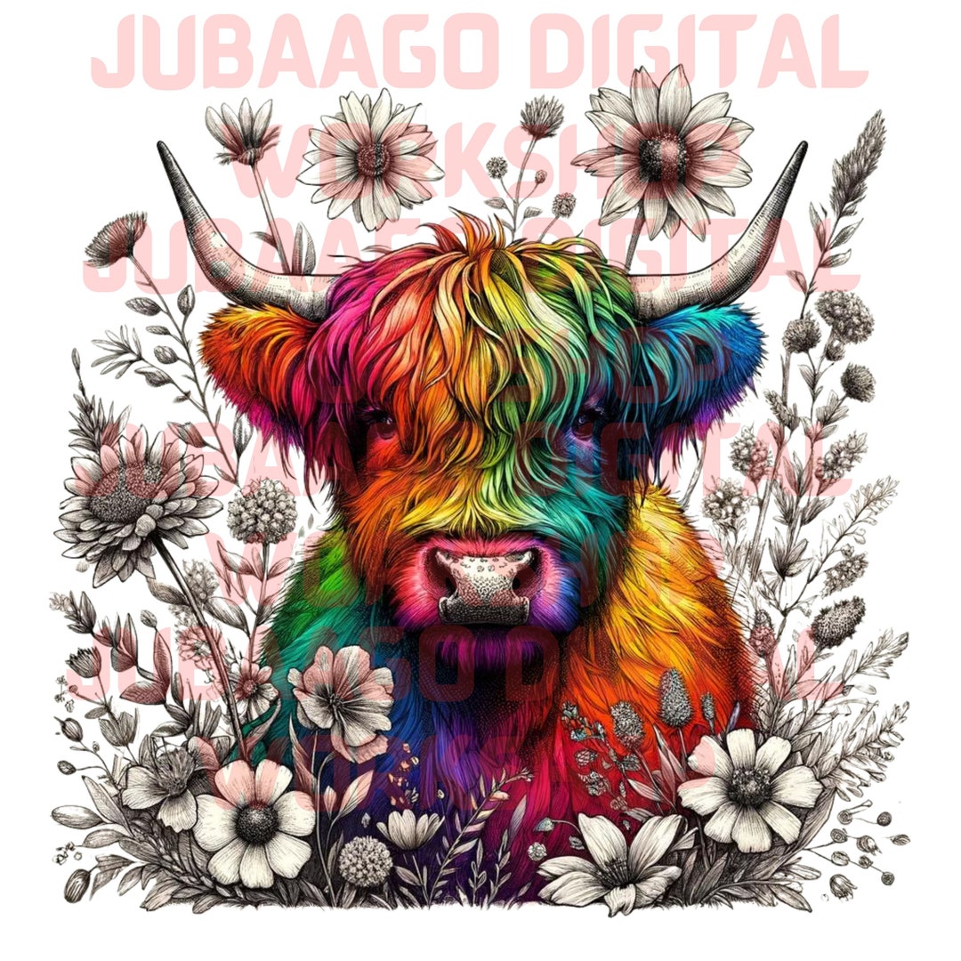 Rainbow Highland Cow Illustration With Flowers - Hand Drawn Artwork ...