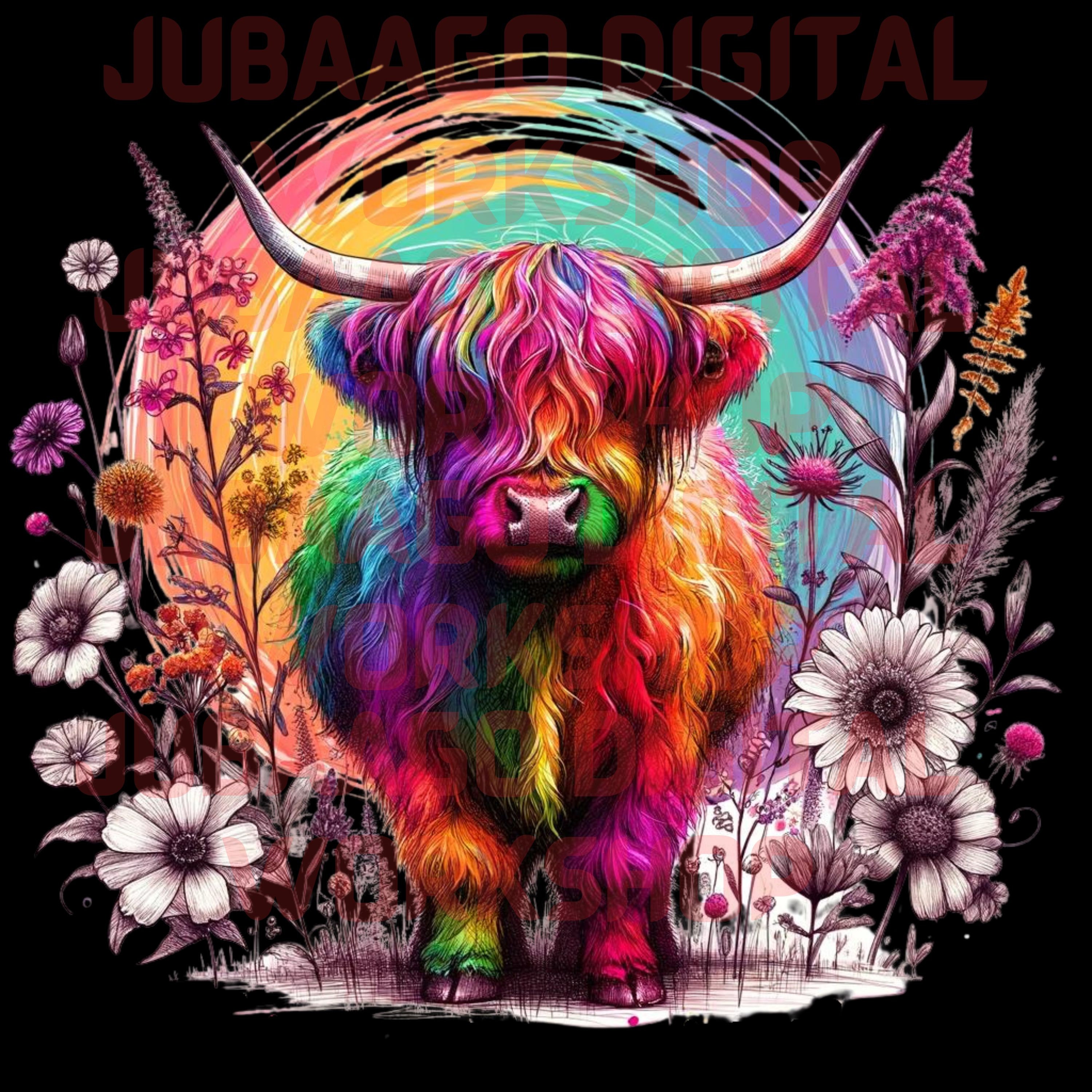 Rainbow Highland Cow Illustration With Flowers - Hand Drawn Artwork ...