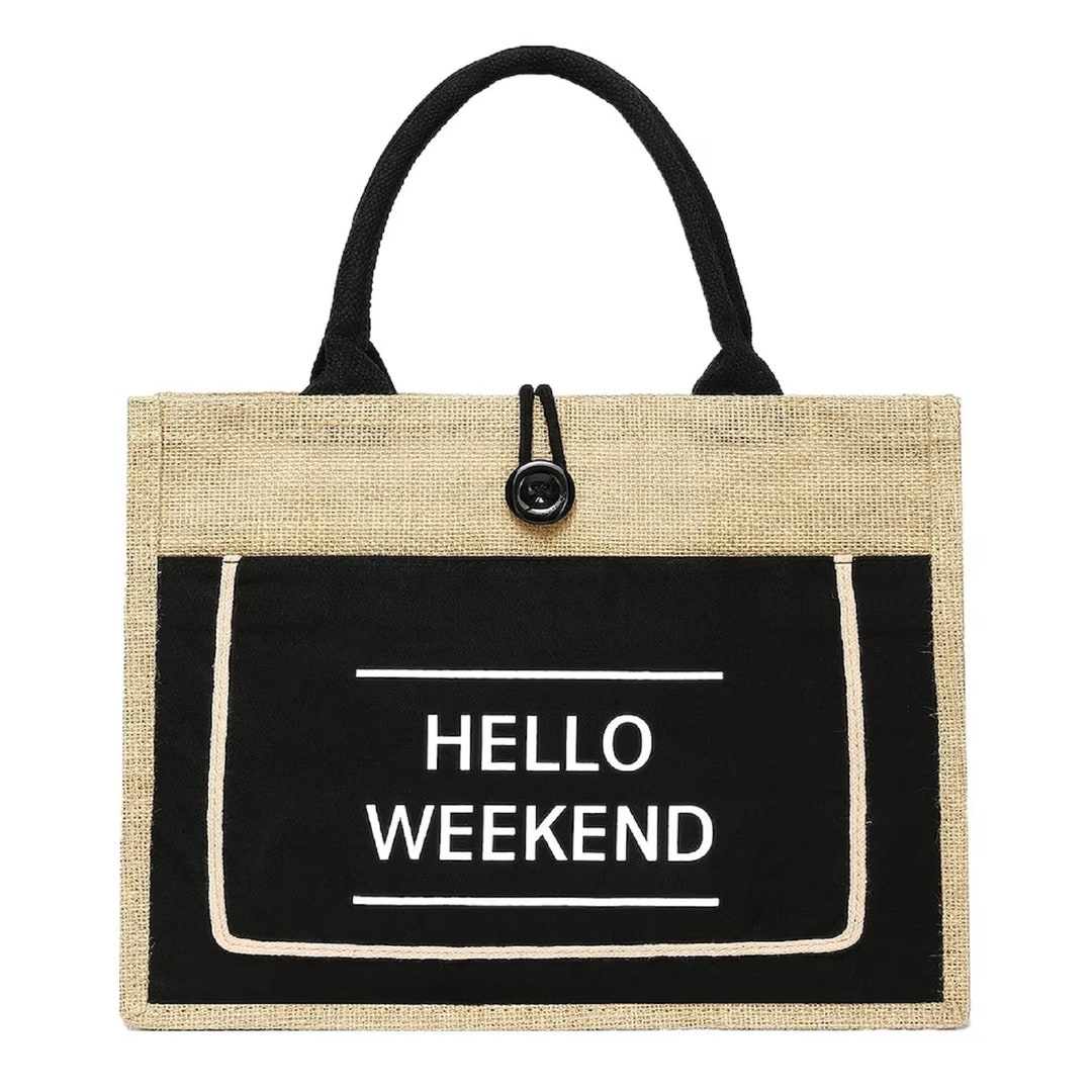 Hello Weekend Print Tote Jute Bag, Road Trip Handel Bag , Beach Tote ...