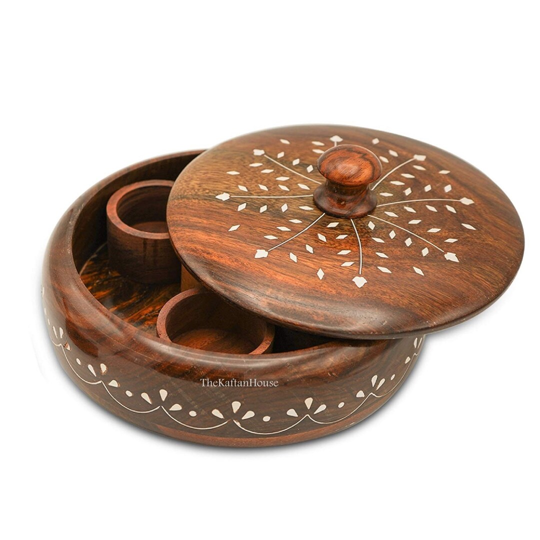 Wooden Round Spice Box Kitchen Decorative Masala Box, Masala Dani ...