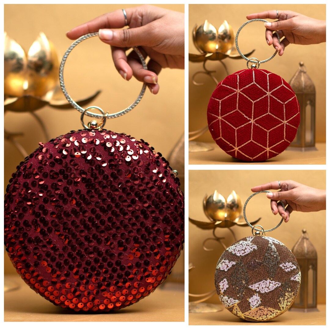 Round Ethnic Clutch, Wedding, Reception, Hand Clutch With Gold Chain ...