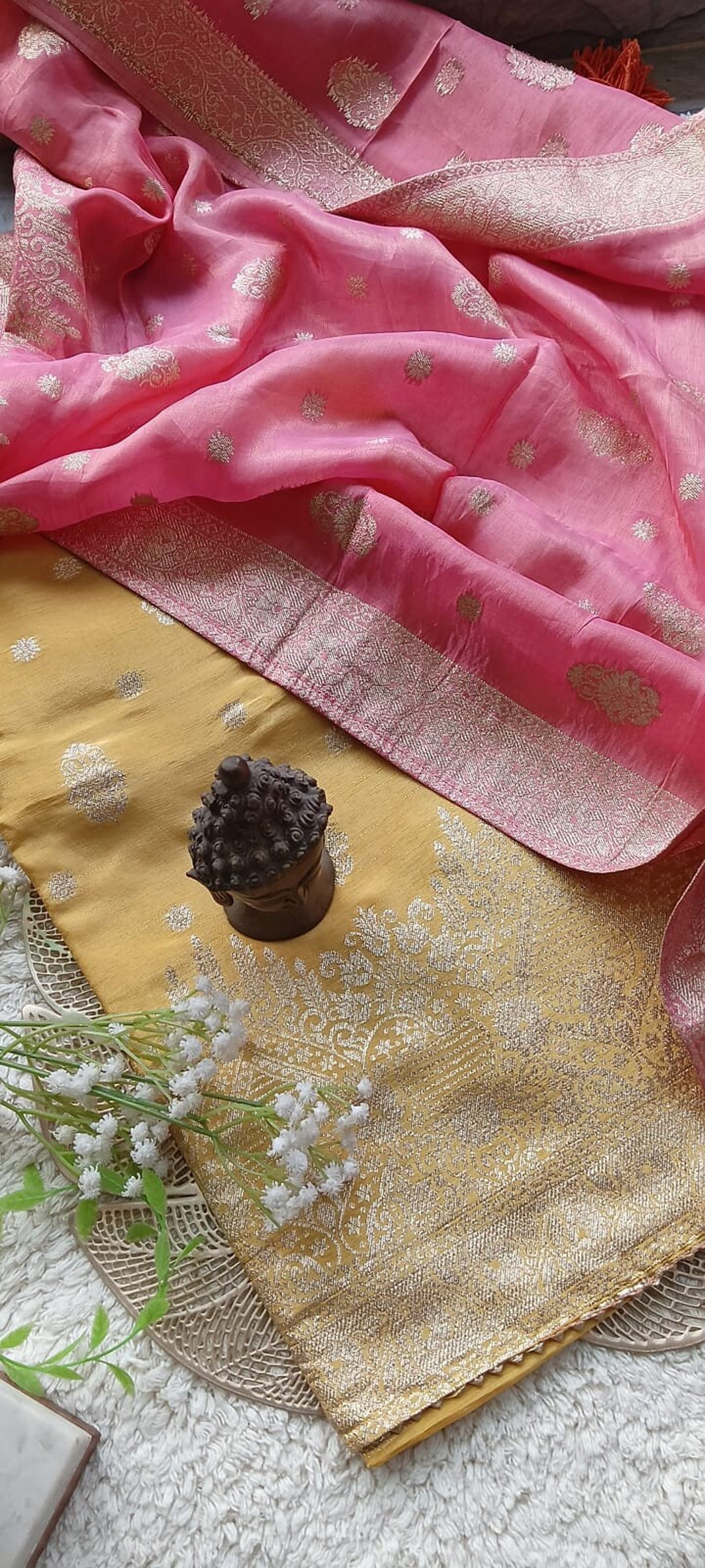 Pure Modan Silk Unstitched Salwar Suit Set, Yellow With Contrast Pink ...