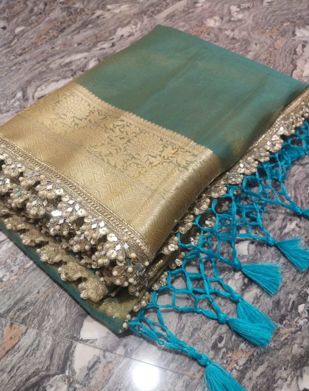 Sea Blue Tissue Silk Saree, Heavy Zari Beeds Lace Work, Jahnvi Kapoor ...