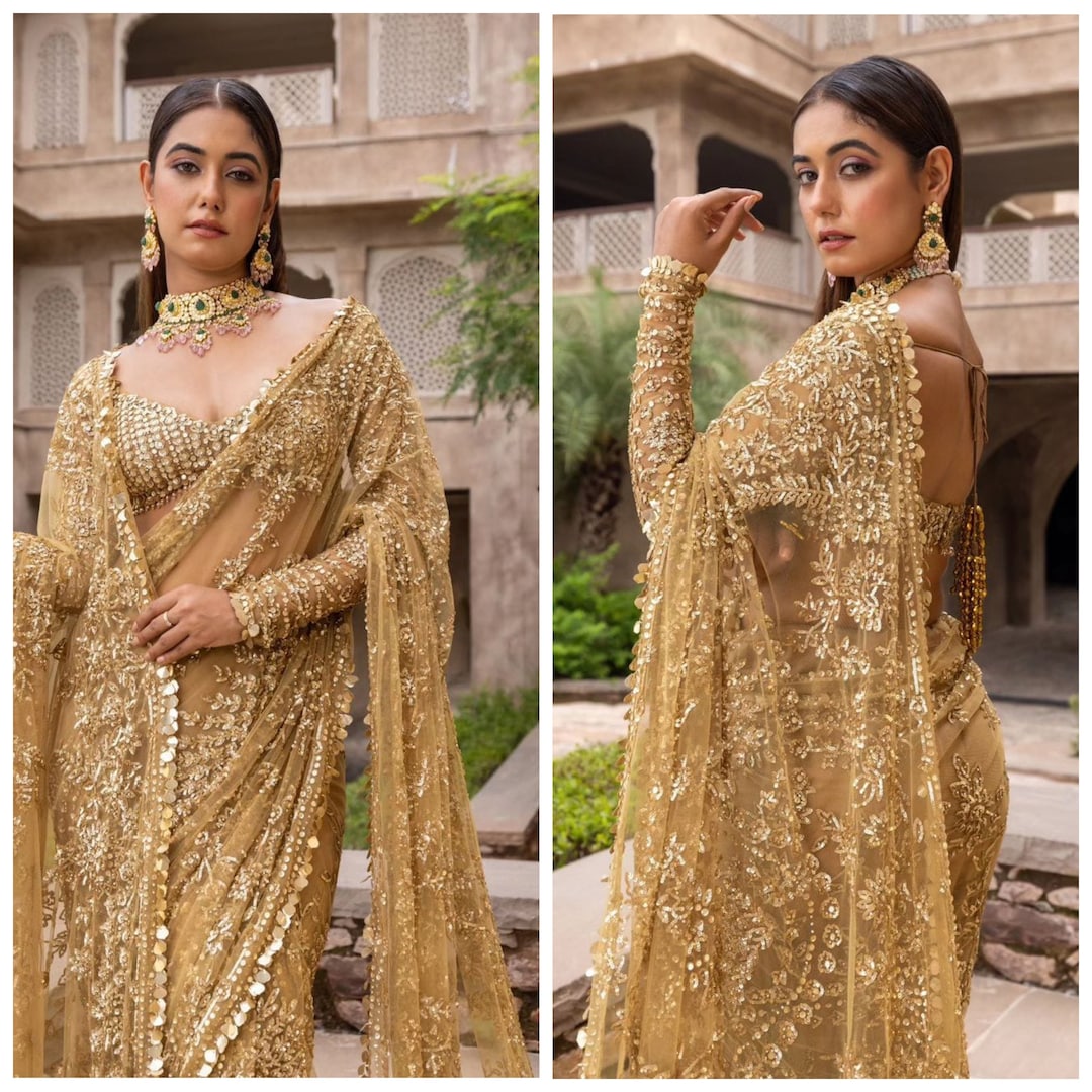 Golden Glamour: Stunning Heavy Gold Sequins Saree Perfect for Special ...