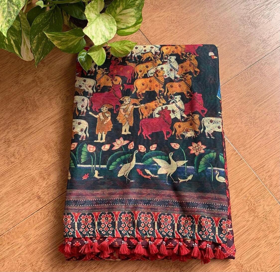 Linen Digital Print Saree With Kalamkari Print in Full Saree - Etsy