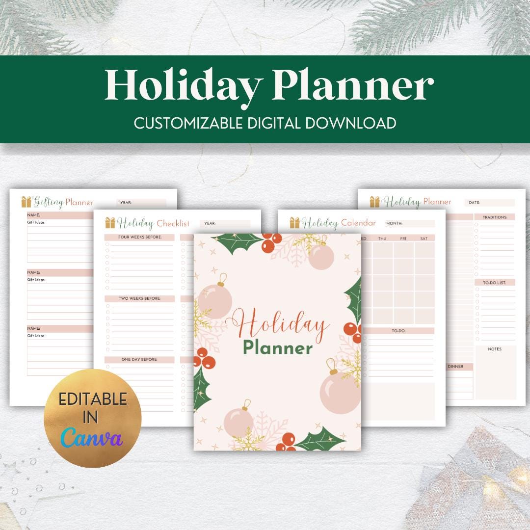 Holiday Planner Canva Template | Digital Holiday Organizer for ...