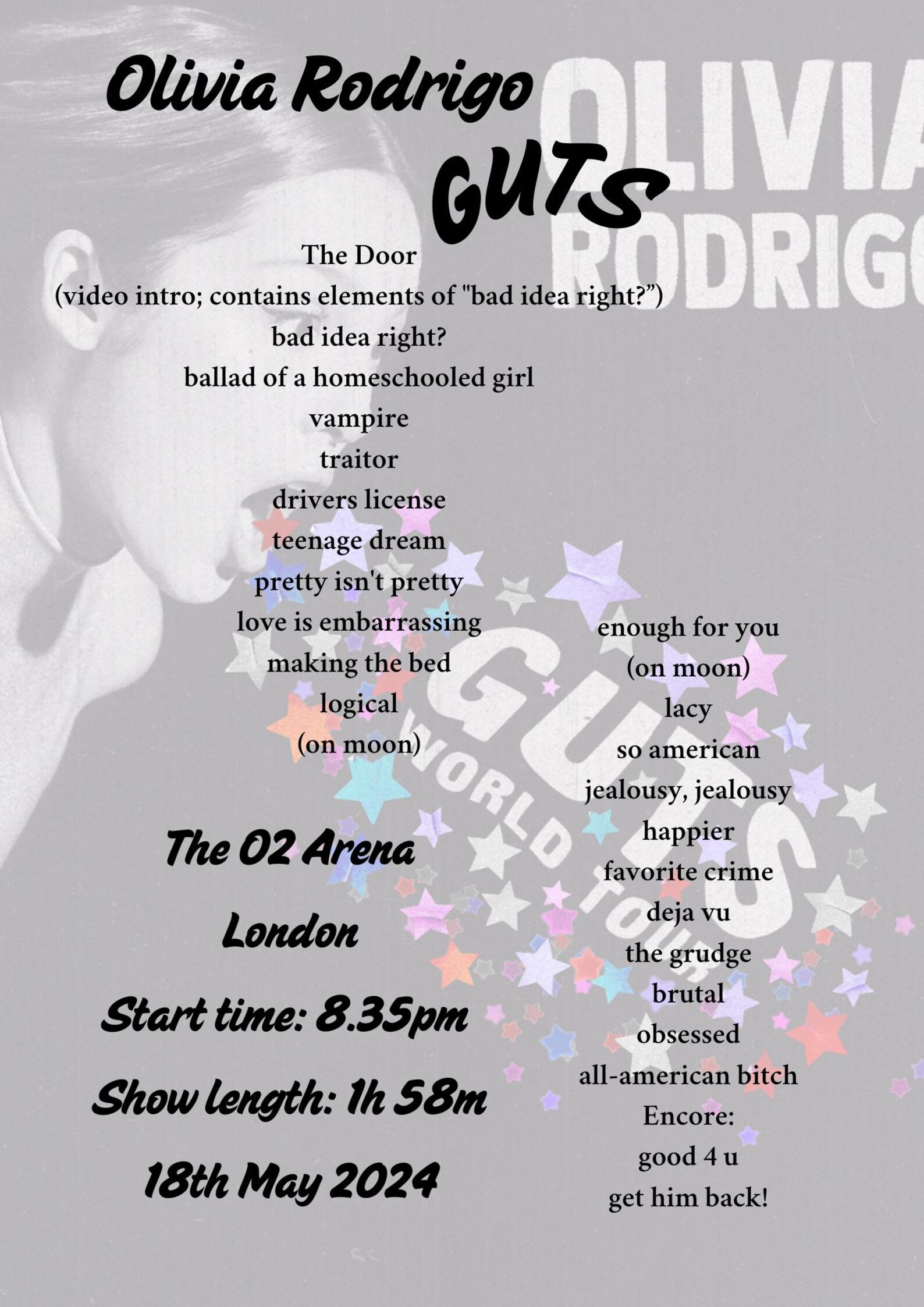 Olivia Rodrigo. Guts. Set List Wall Art. Special. Any Concert Date ...