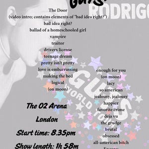 Olivia Rodrigo. Guts. Set List Wall Art. Special. Any Concert Date ...