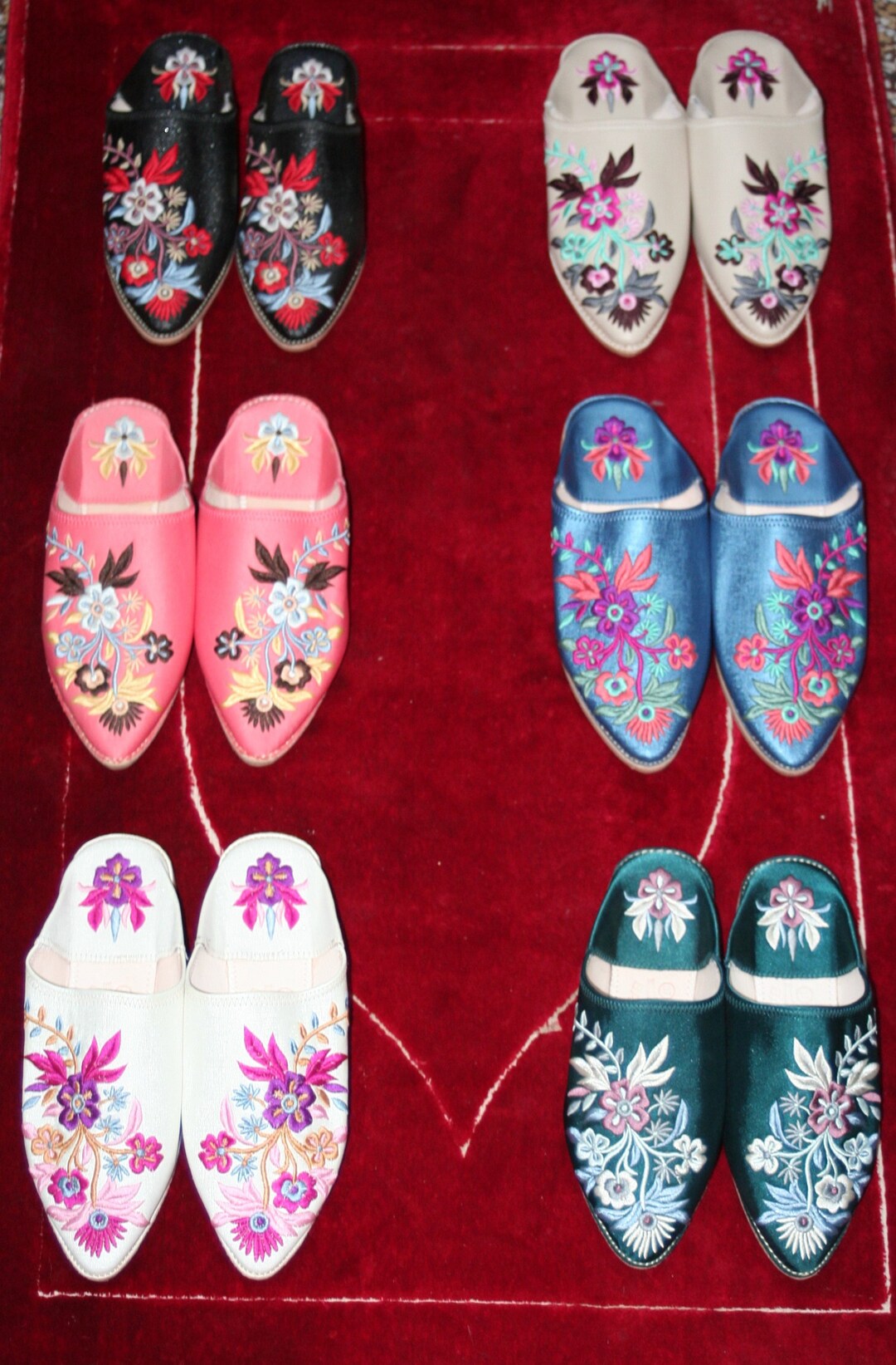 Womens Moroccan Leather Flowers Babouche Slippers Colorful Leather ...
