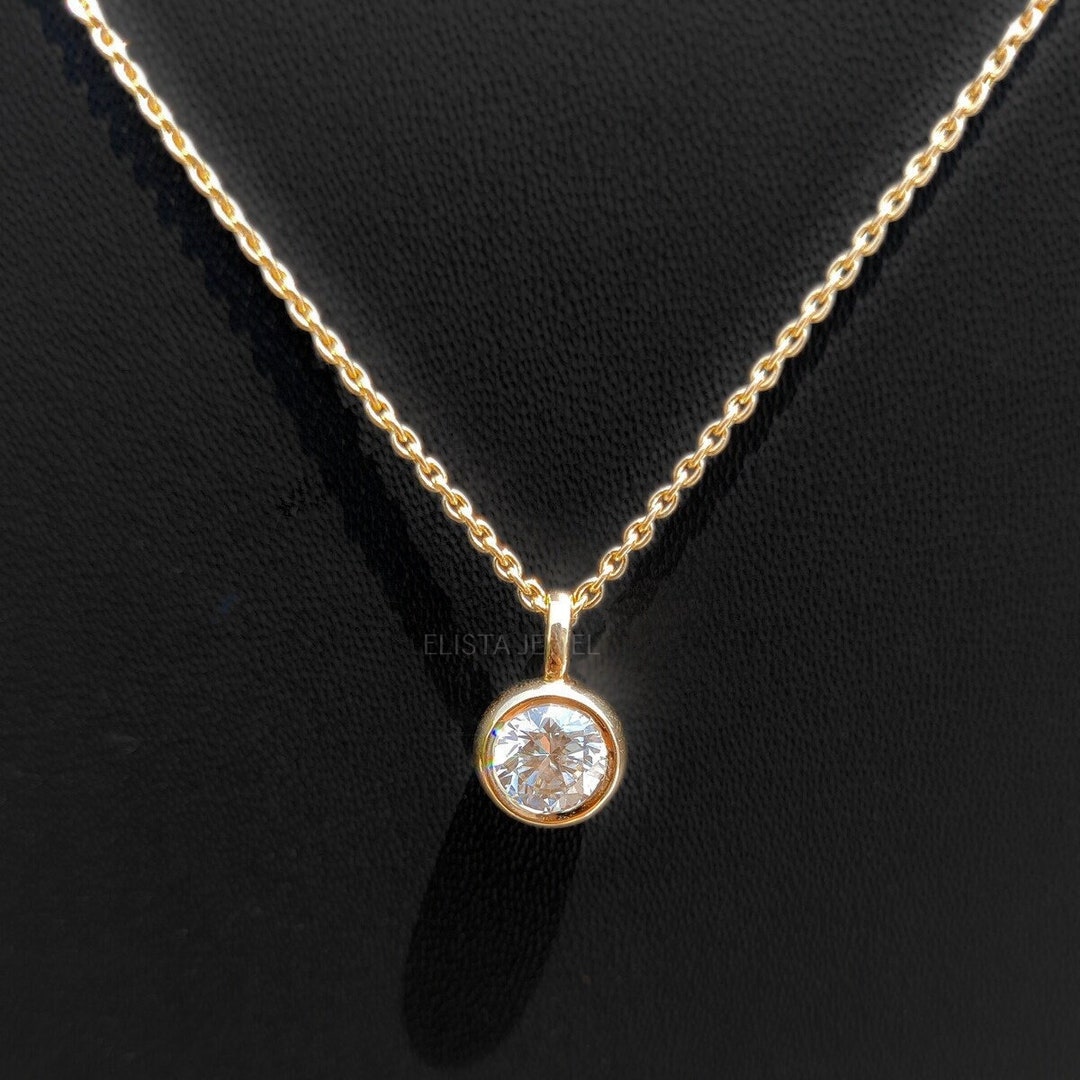 Round Lab Diamond Solitaire Bezel Gold/platinum Pendant, Solitaire ...