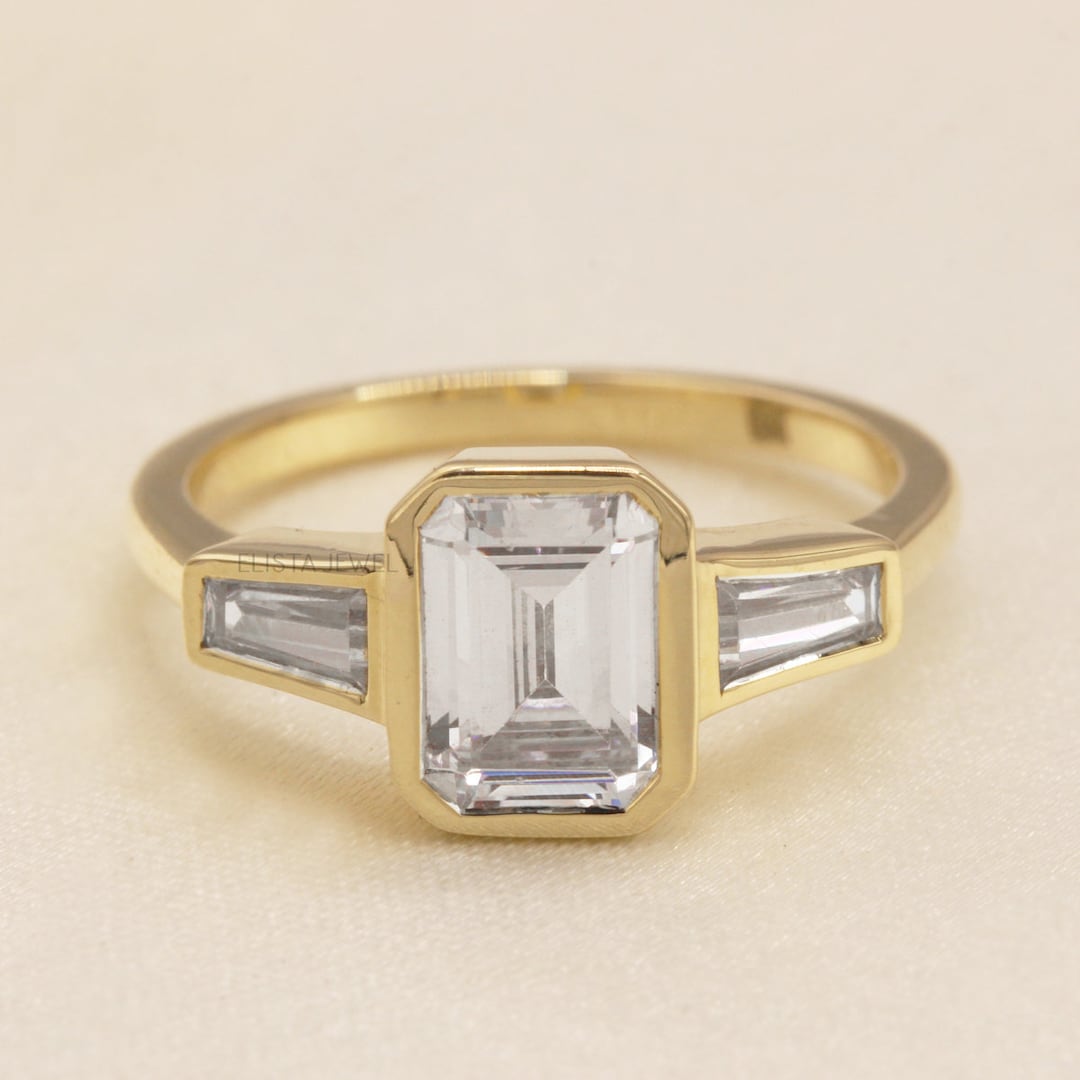 1.67CT Emerald Cut Diamond Three Stone Bezel Set Gold Engagement Ring ...