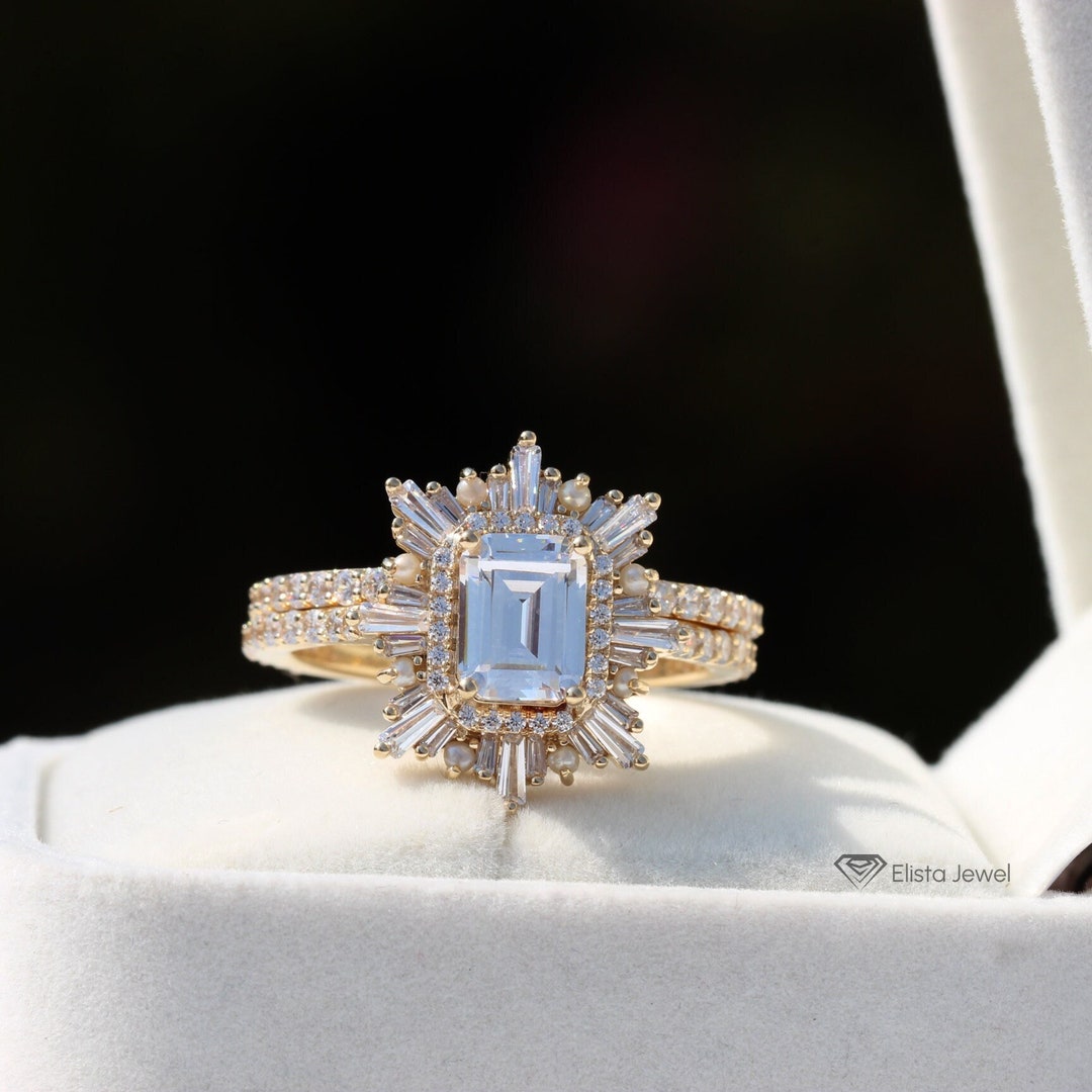 Emerald Cut Diamond Cluster Sunburst Halo Engagement Ring and Matching ...