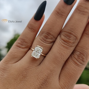 2.40CT Radiant Cut Diamond Half Bezel Solitaire Engagement Ring Made in ...