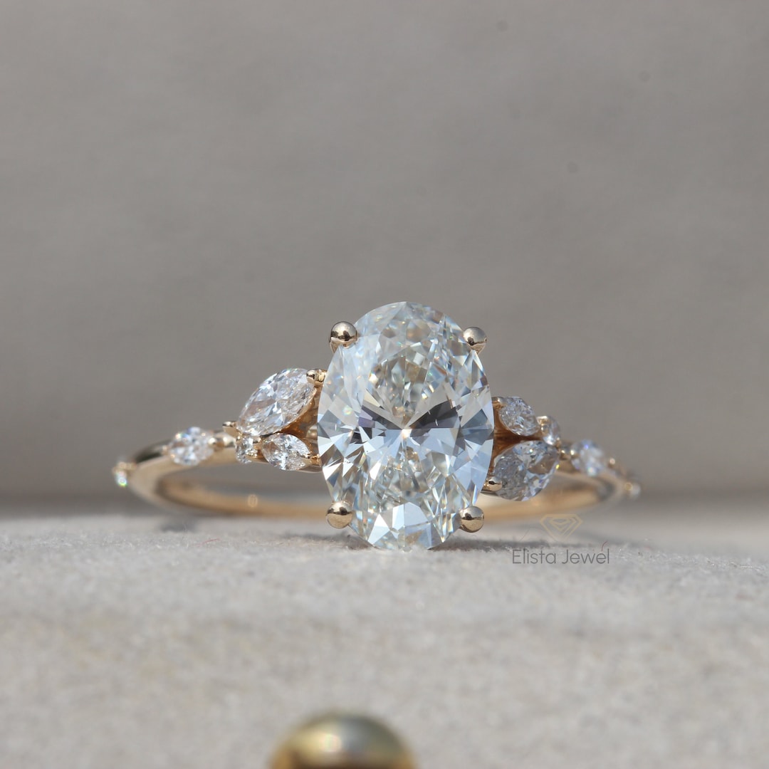 1.50CT Oval Lab Grown Diamond Cluster Ring: 14k Yellow Gold Promise ...